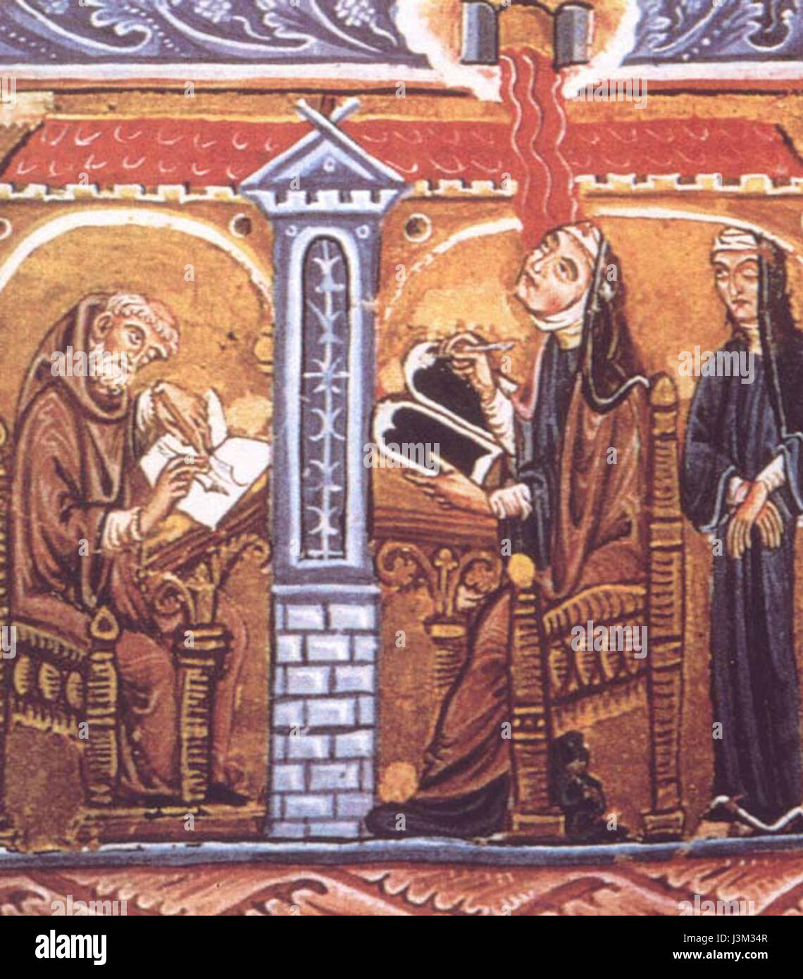 This image of Hildegard of Bingen portrays her engaging in reading and ...