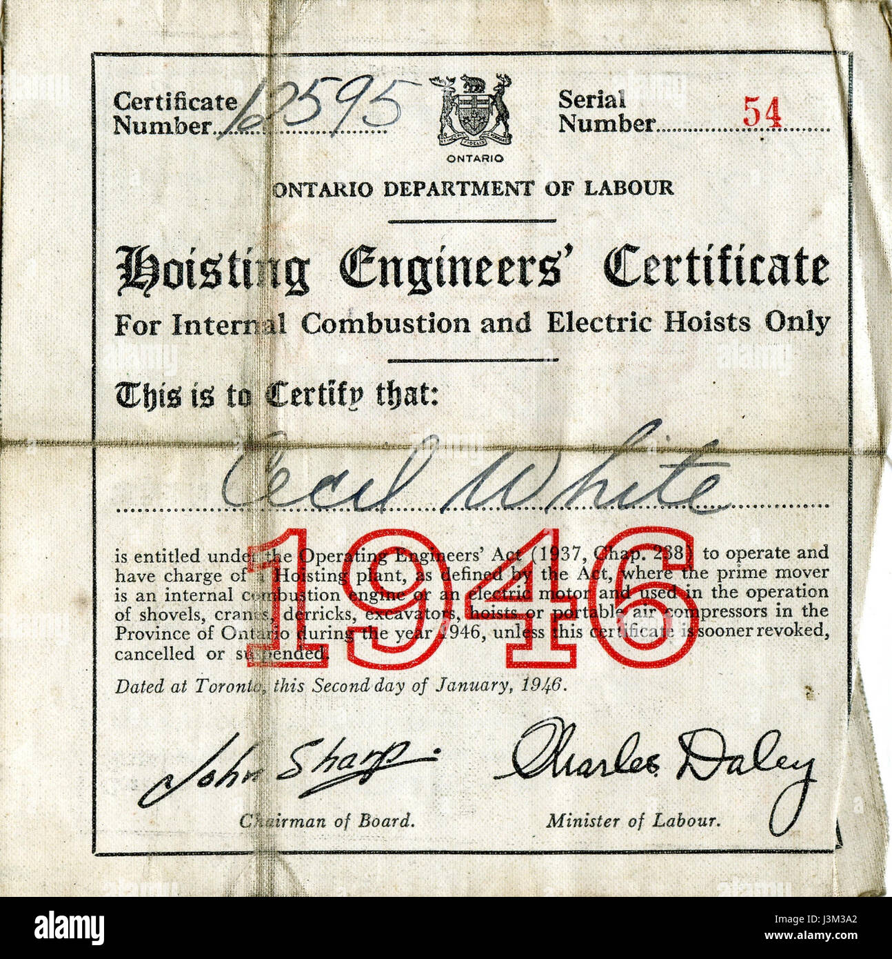 A 1946 certificate awarded to a hoisting engineer, indicating ...