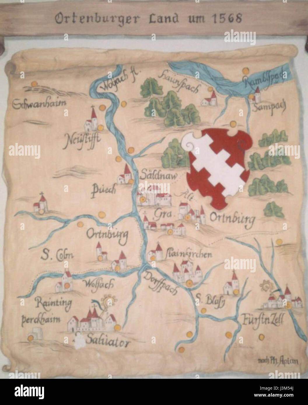 The Grafschaft Ortenburg, depicted in a historical map from 1568 ...