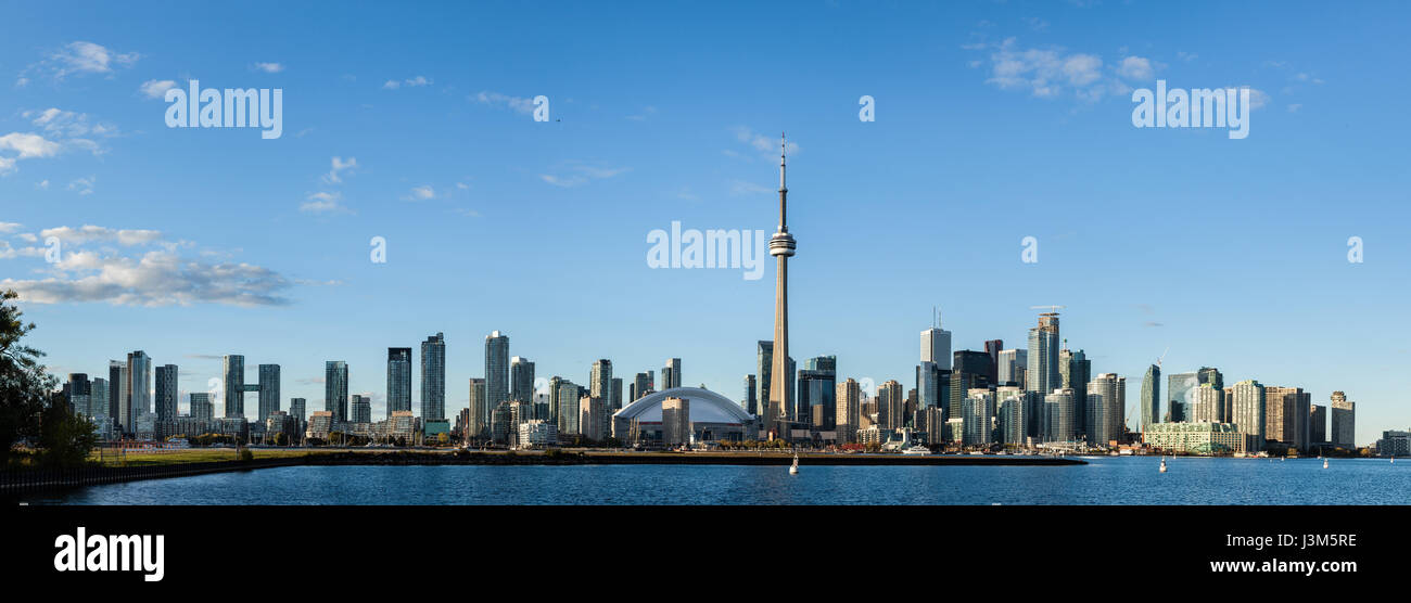 A wide angel Panoramic view of the Toronto skyline from Centre Island ...