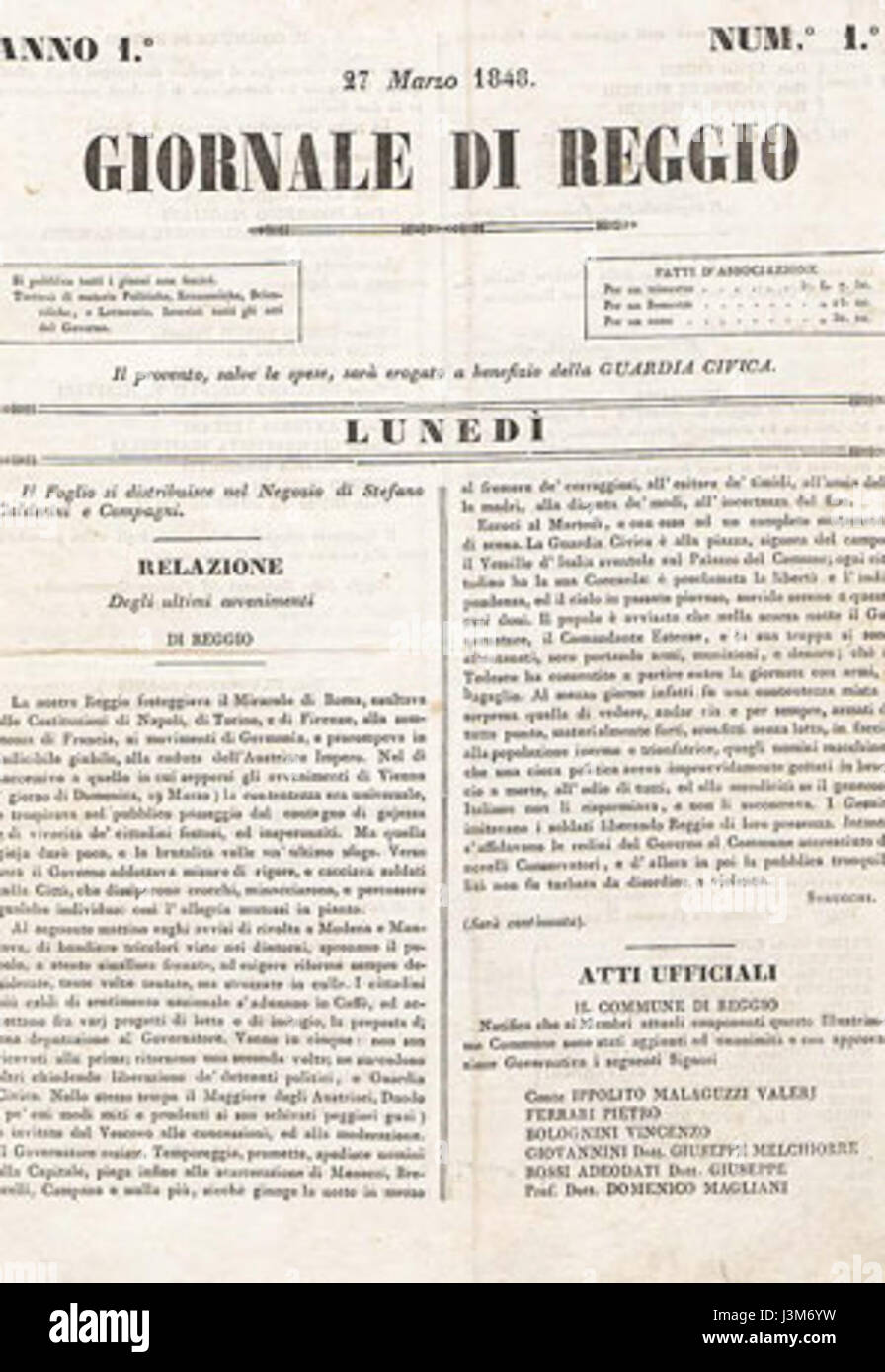 Giornale di Reggio, dated March 27, 1848, was an Italian newspaper that ...