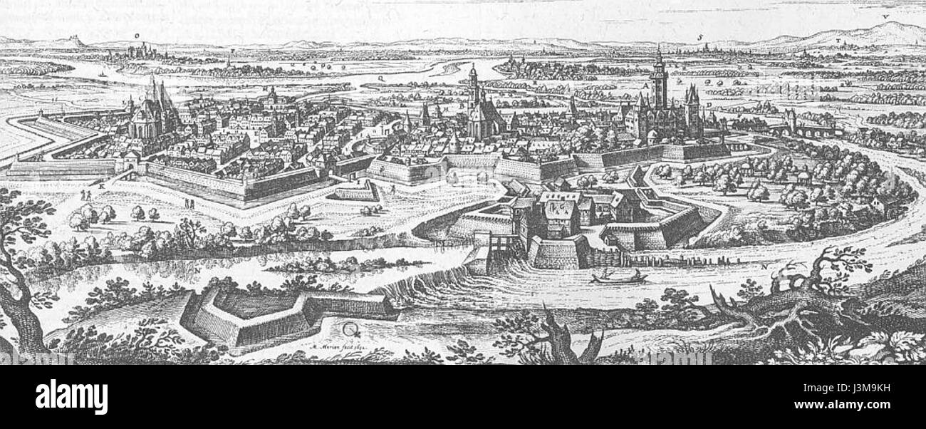 This map, from the work of De Merian, depicts the city of Hanau in the ...