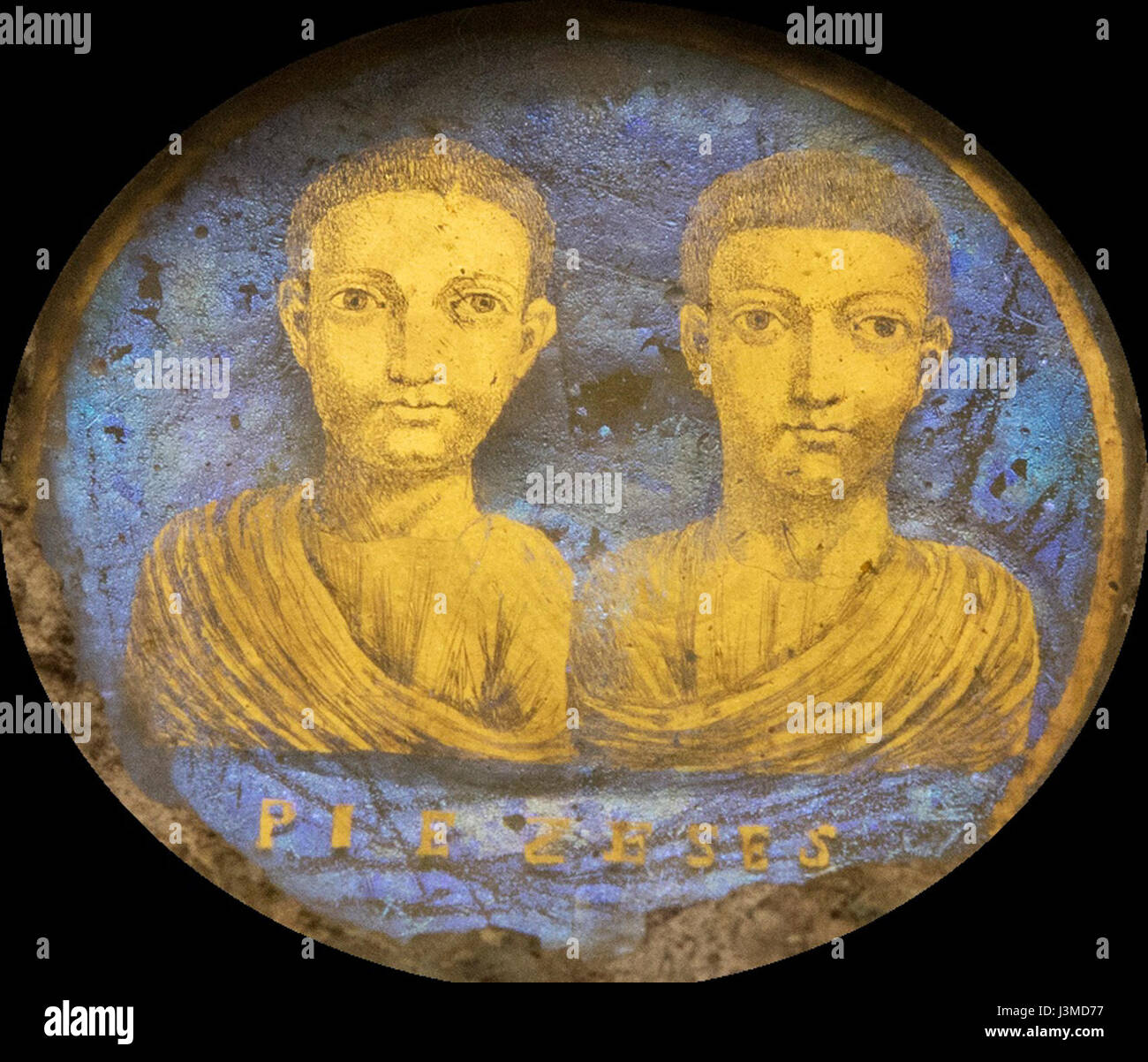 This gold glass portrait, originating from Bologna, Italy, depicts two ...