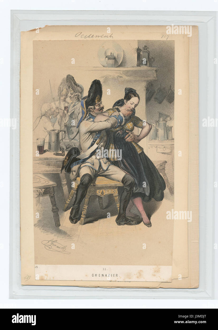 The image depicts a grenadier, a soldier known for their role in ...