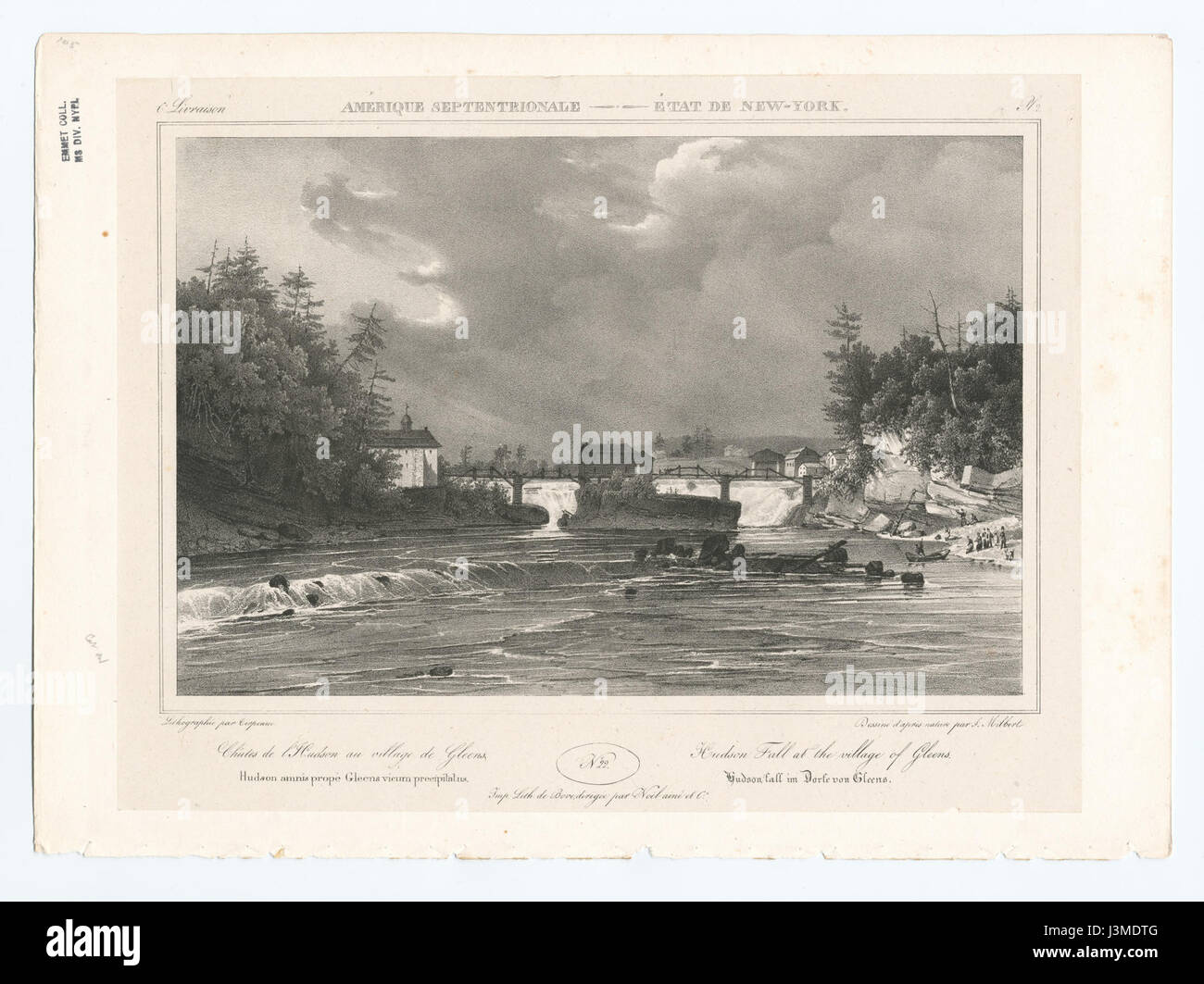 Lithograph by Jacques Gérard Milbert, illustrating the Hudson Falls ...