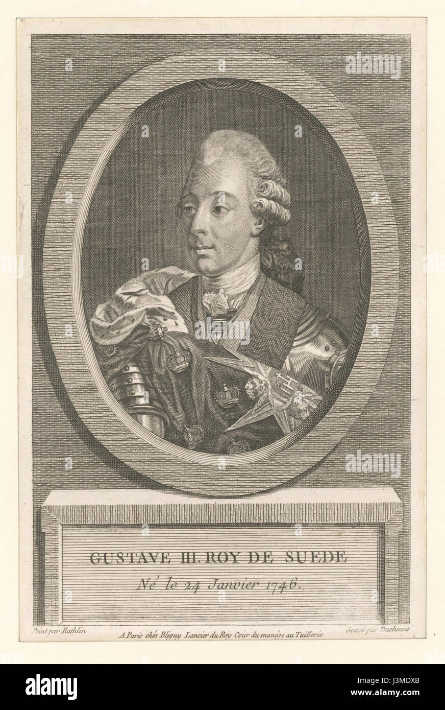 This historical portrait depicts King Gustav III of Sweden, who reigned ...