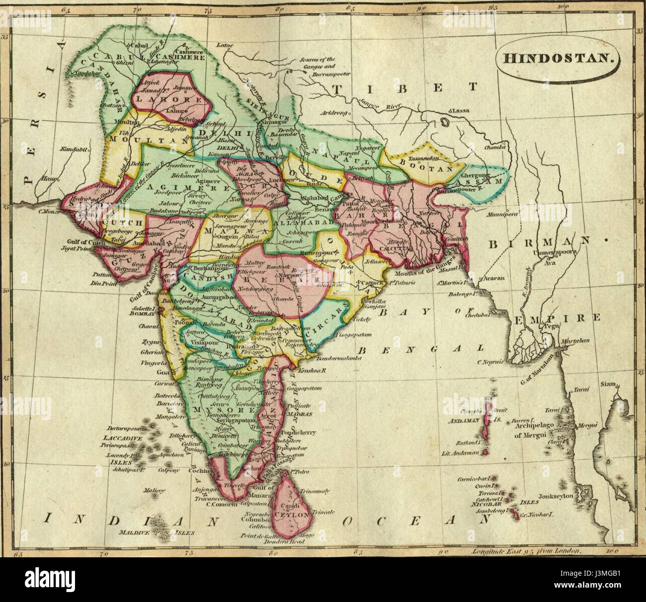 The image depicts a cropped view of an 1814 map of Hindostan (India ...