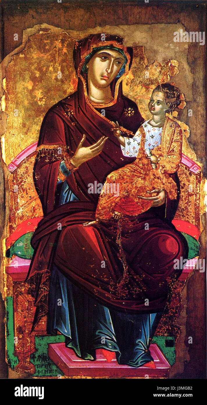 The 'Saint Mary Enthroned' fresco from the Gregoriou Monastery, created in the 16th century, is ...