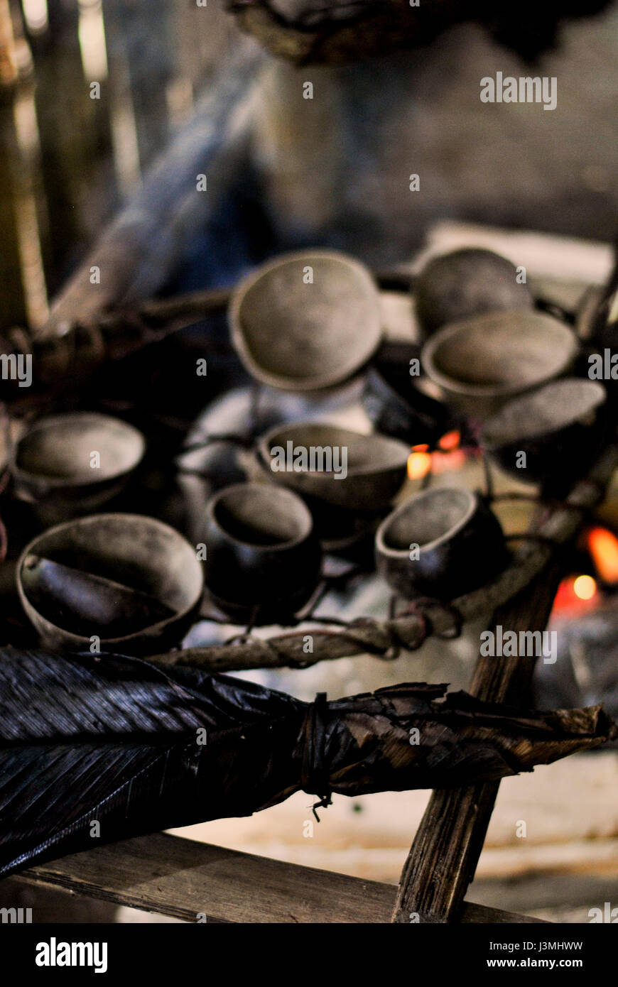 Kitchen of the indigenous dwelling, pots and stove. Tsachila community ...