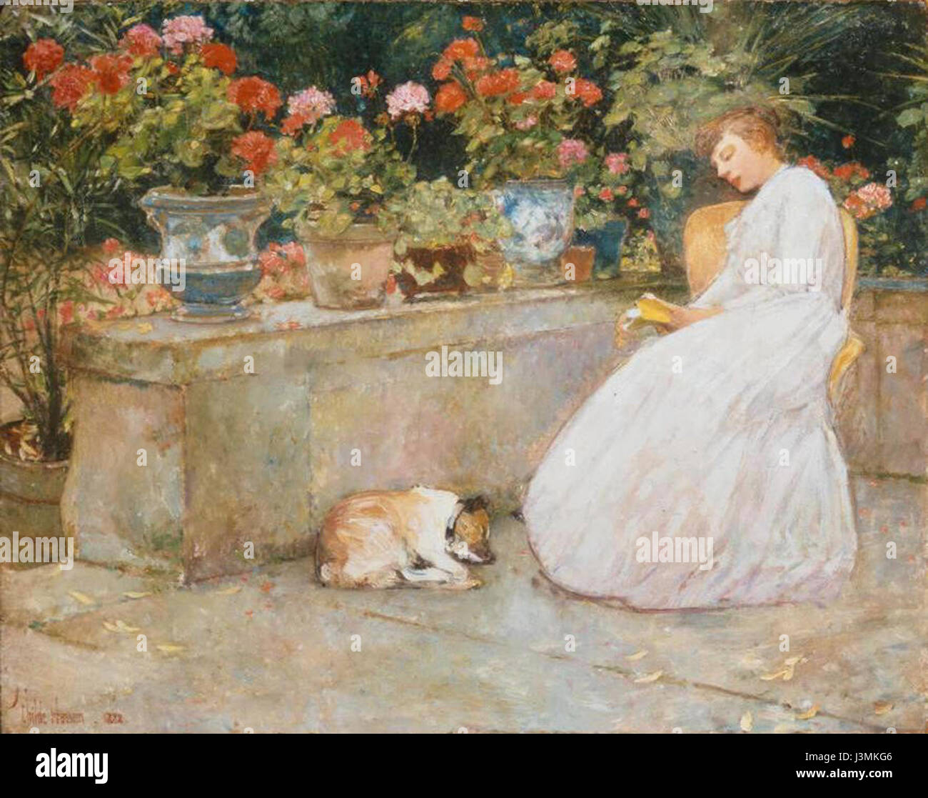 'Reading in the Garden' is a painting by American artist Childe Hassam ...