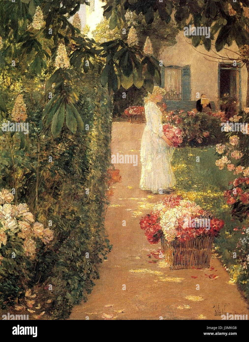 'Flowers in a French Garden' by Childe Hassam depicts a vibrant and ...