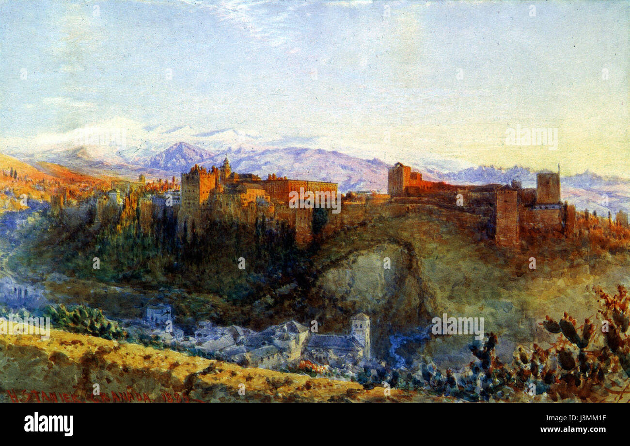 An artwork by Henry Stanier depicting the Alhambra from the vantage ...