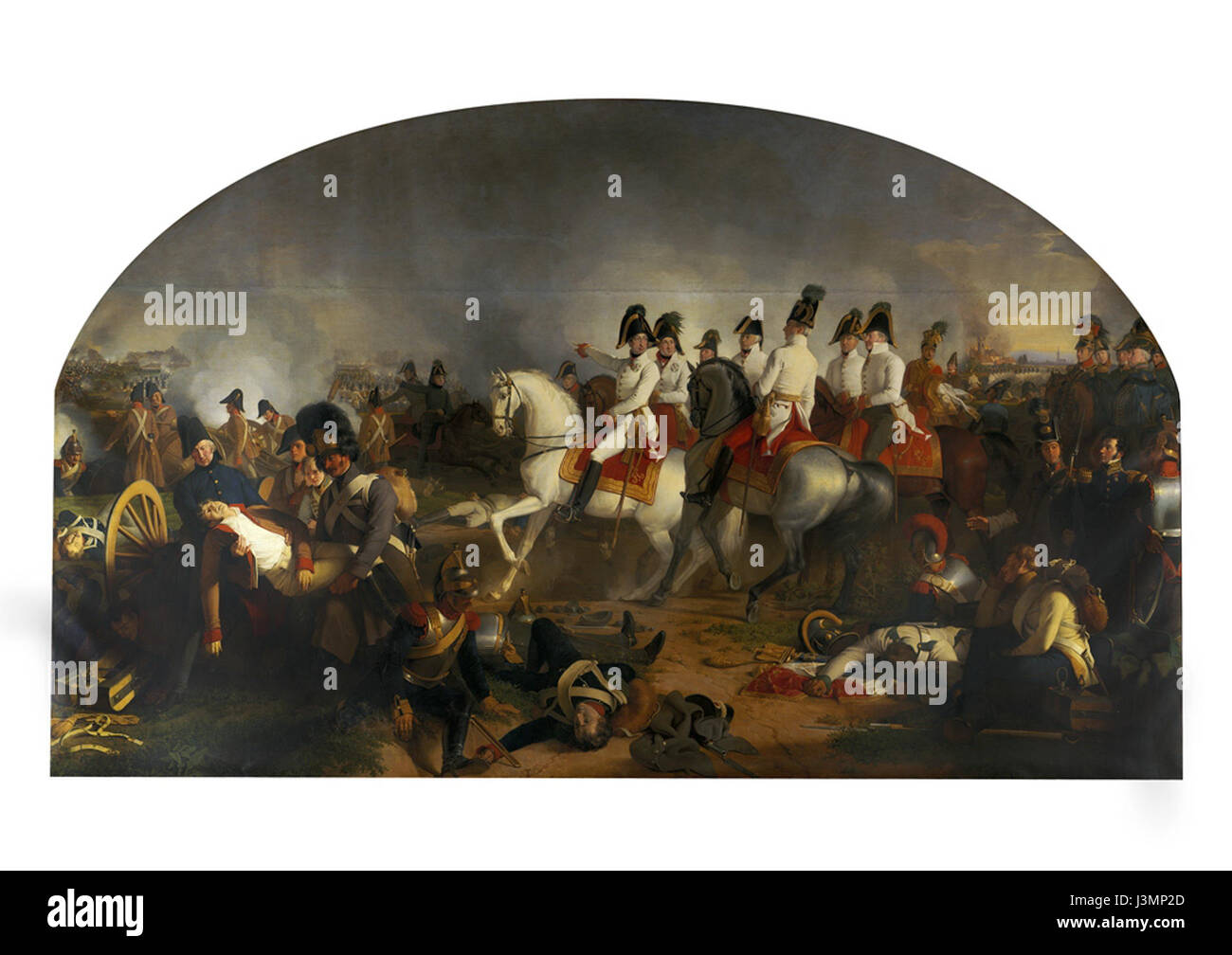 The image depicts the Battle of Aspern-Essling in 1809, fought between ...