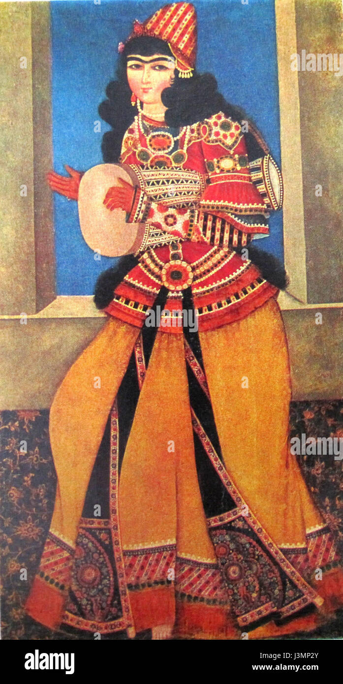 This artwork from the Qajar era depicts a young girl holding a ...
