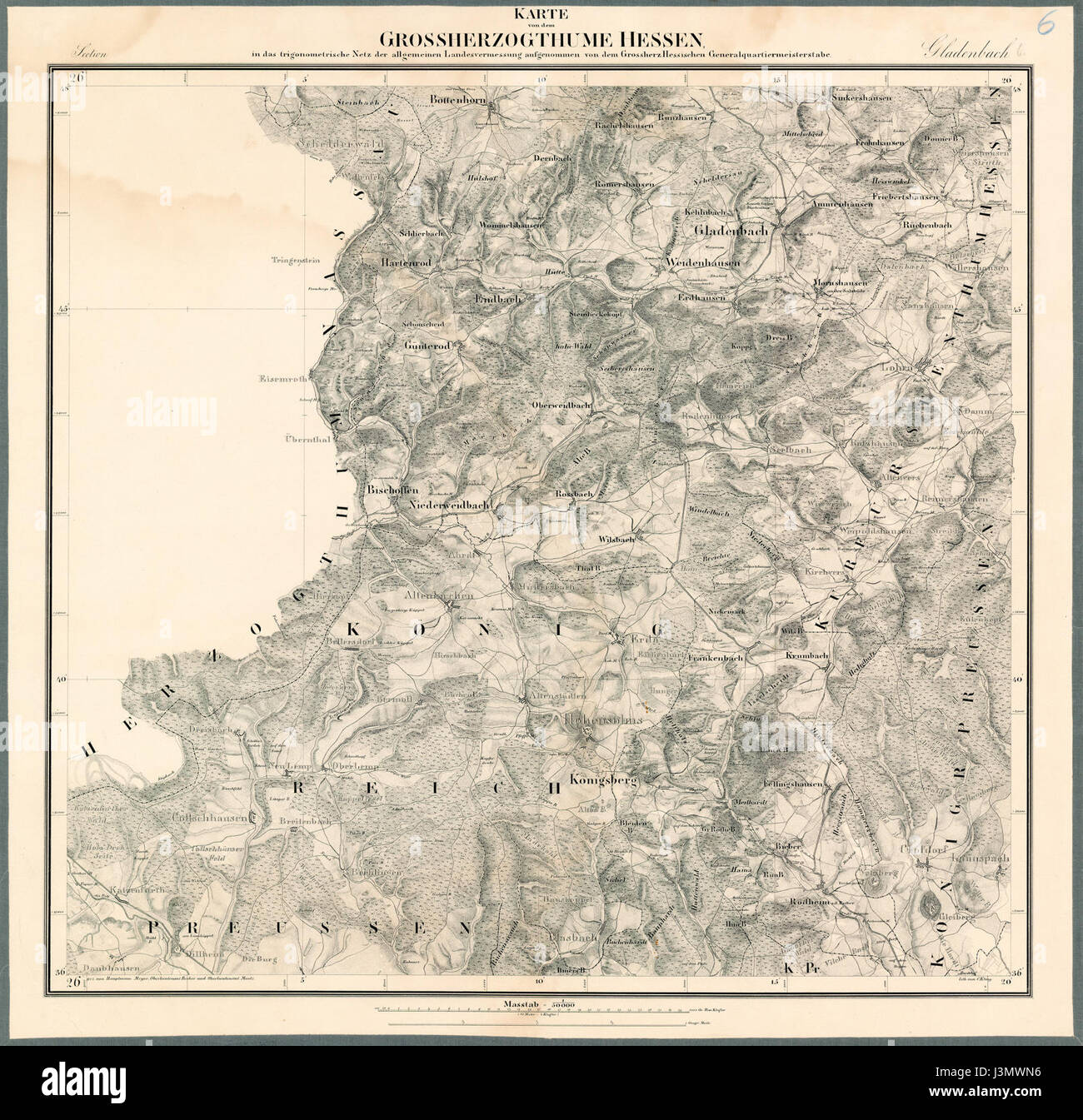 This map, *Grossherzogtum Hessen*, illustrates the Grand Duchy of Hesse ...