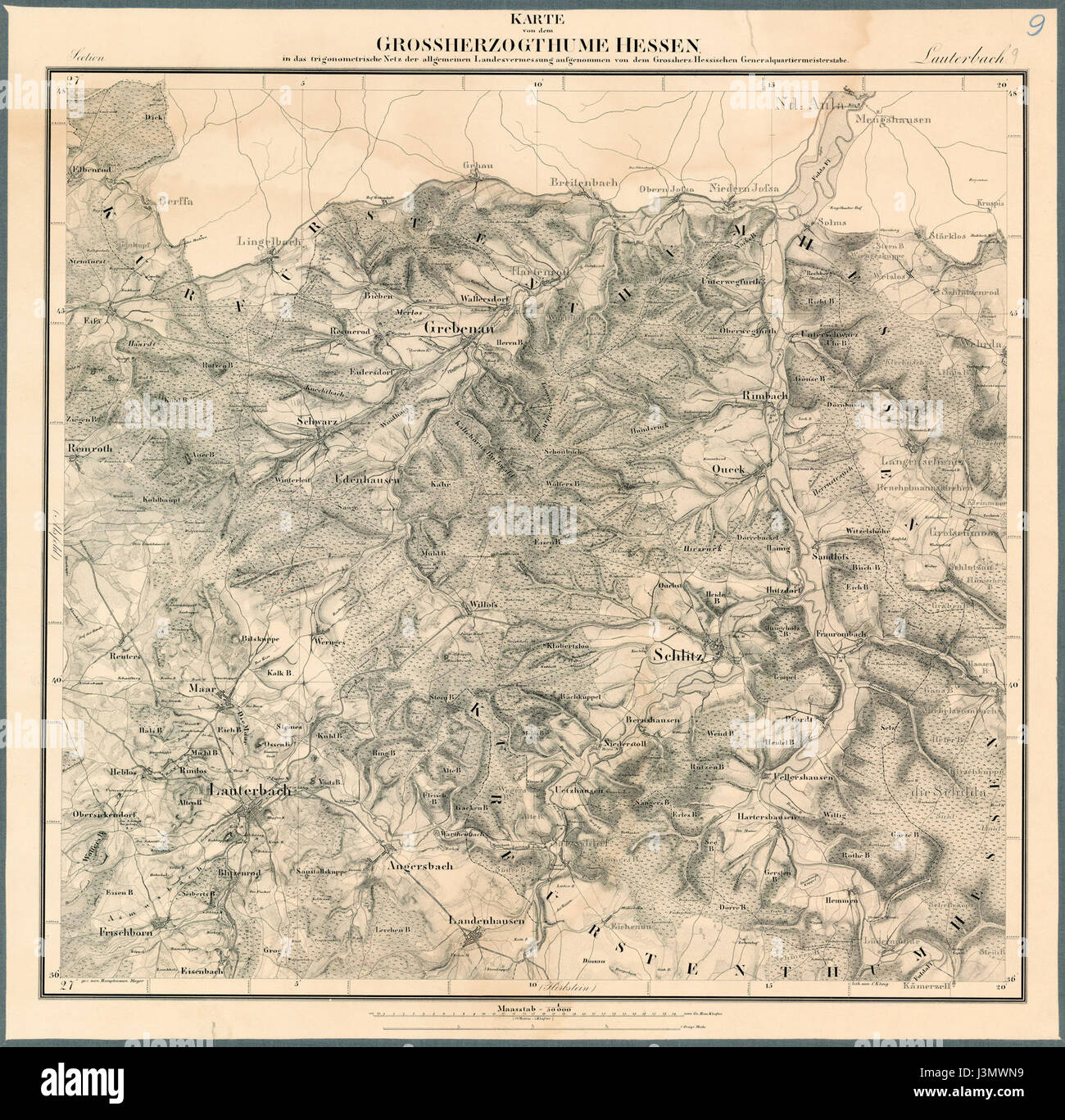 This map from the Grand Duchy of Hesse (Grossherzogtum Hessen) between 1832 and 1850 shows the ...