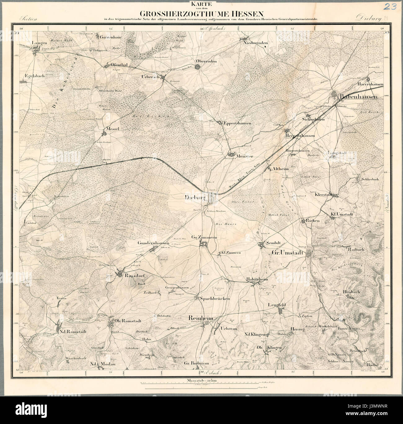 The map of the Grand Duchy of Hesse from 1832 to 1850 provides a ...