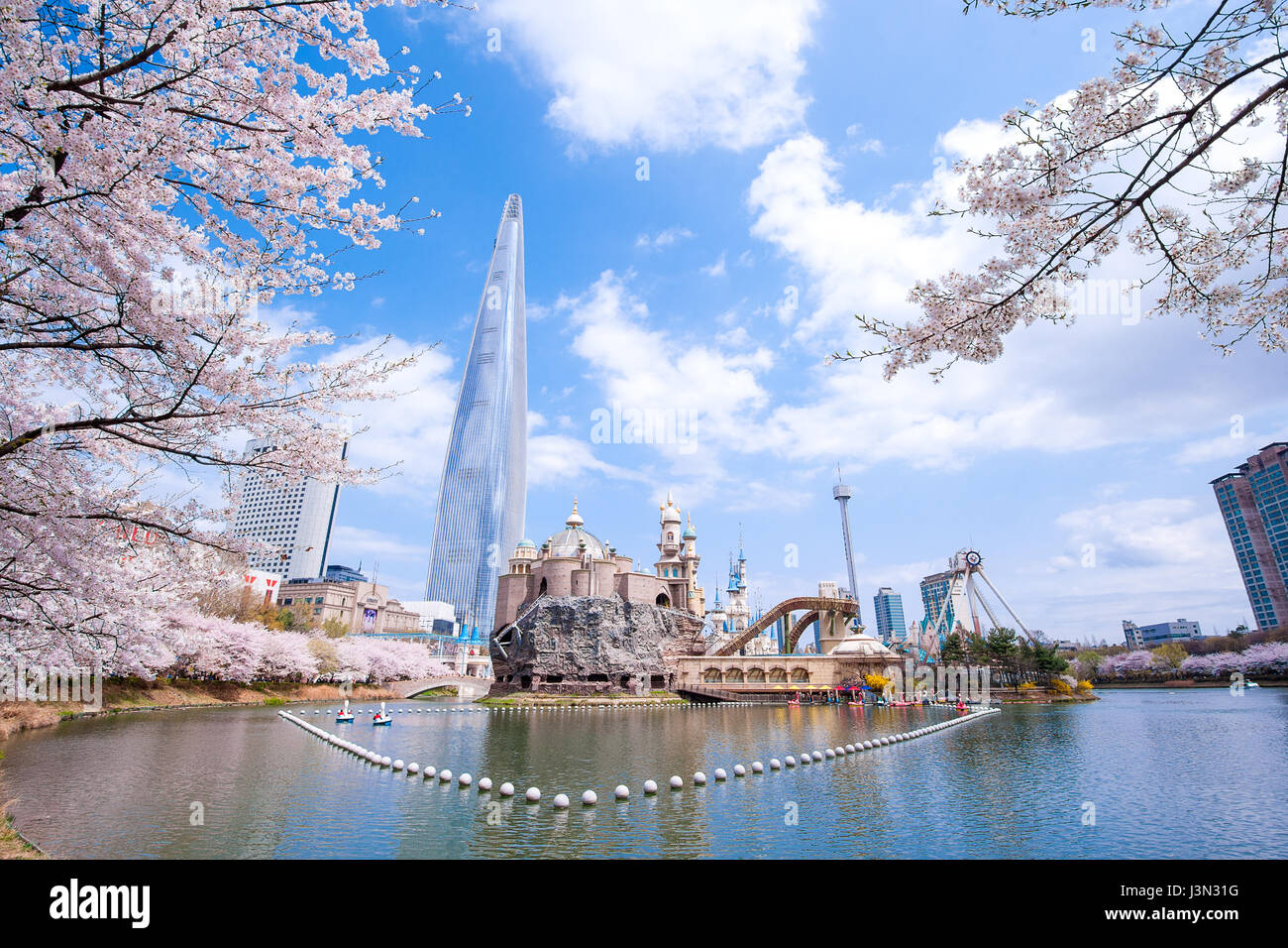 Seoul, South Korea: Lotte tower and Seokchon lake in spring with cherry ...