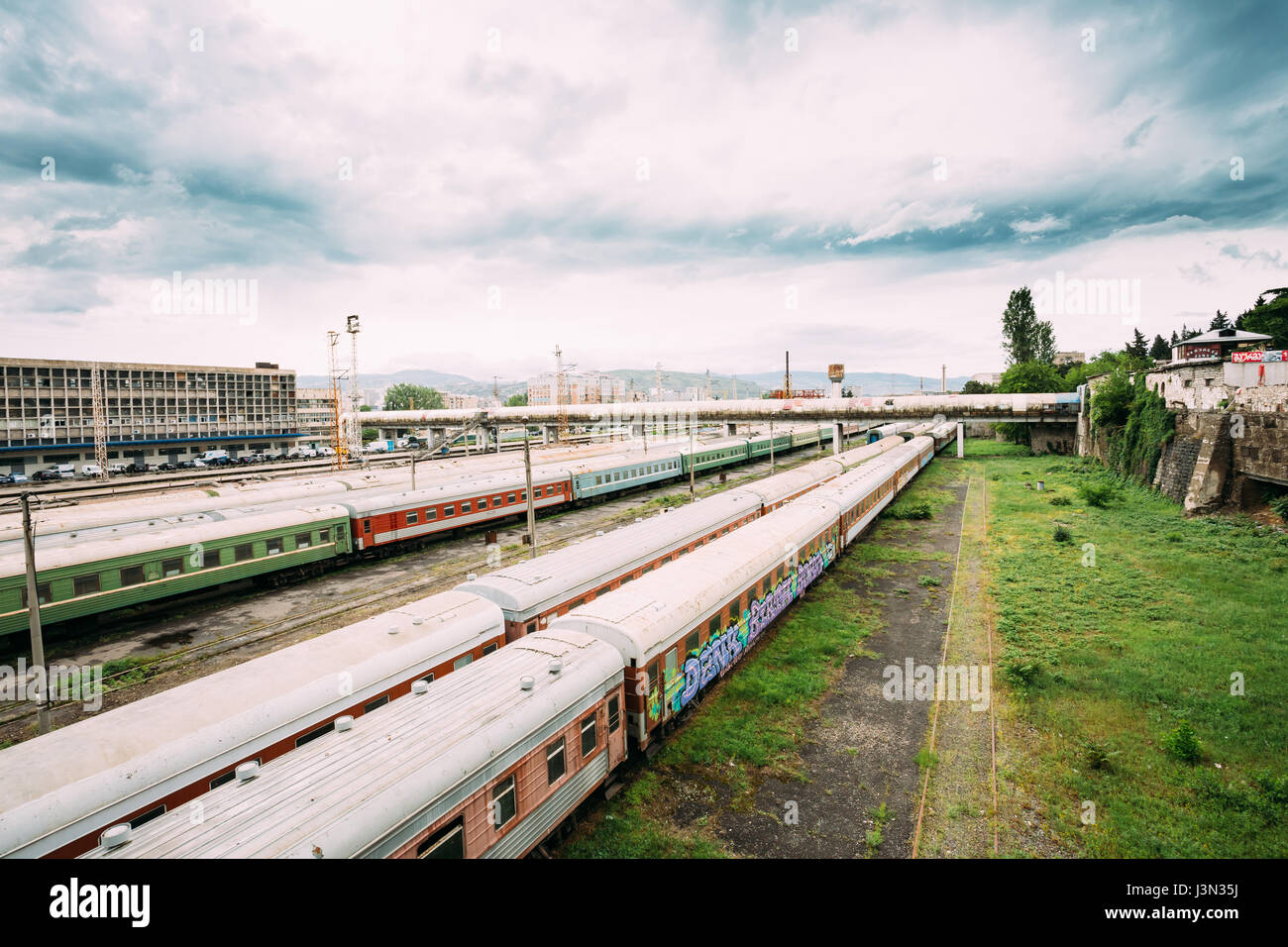 Rows of older railway carriages on Tbilisi Railway station, Tbilisi ...