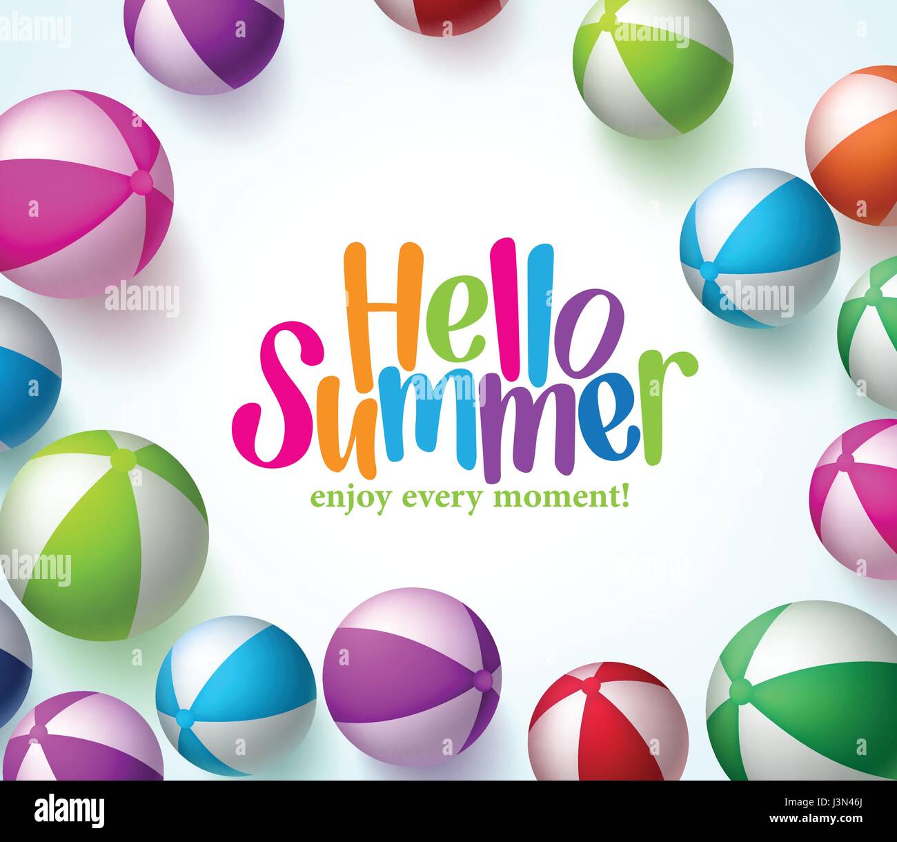 Colorful Vector Beach Balls Background in White with Hello Summer Title ...