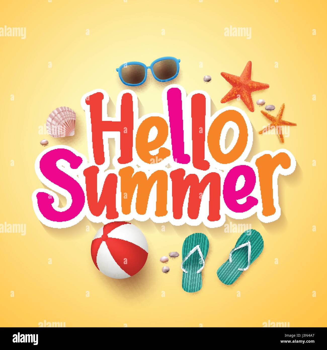 Hello Summer Text Title Poster Design with Vector Elements and ...