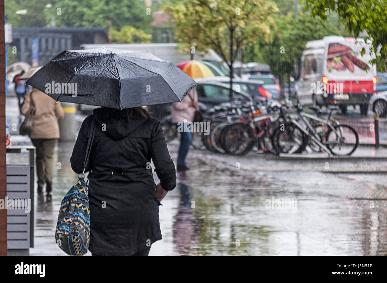 Woman with umbrella covering from the rain. Rear view. From behind ...