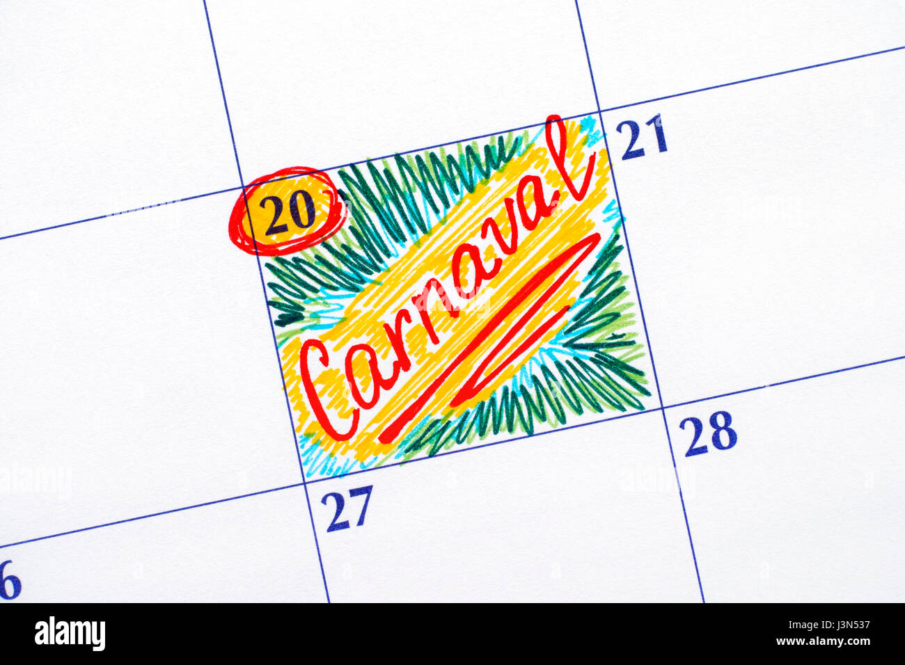 Reminder Carnaval in calendar. Close-up Stock Photo - Alamy