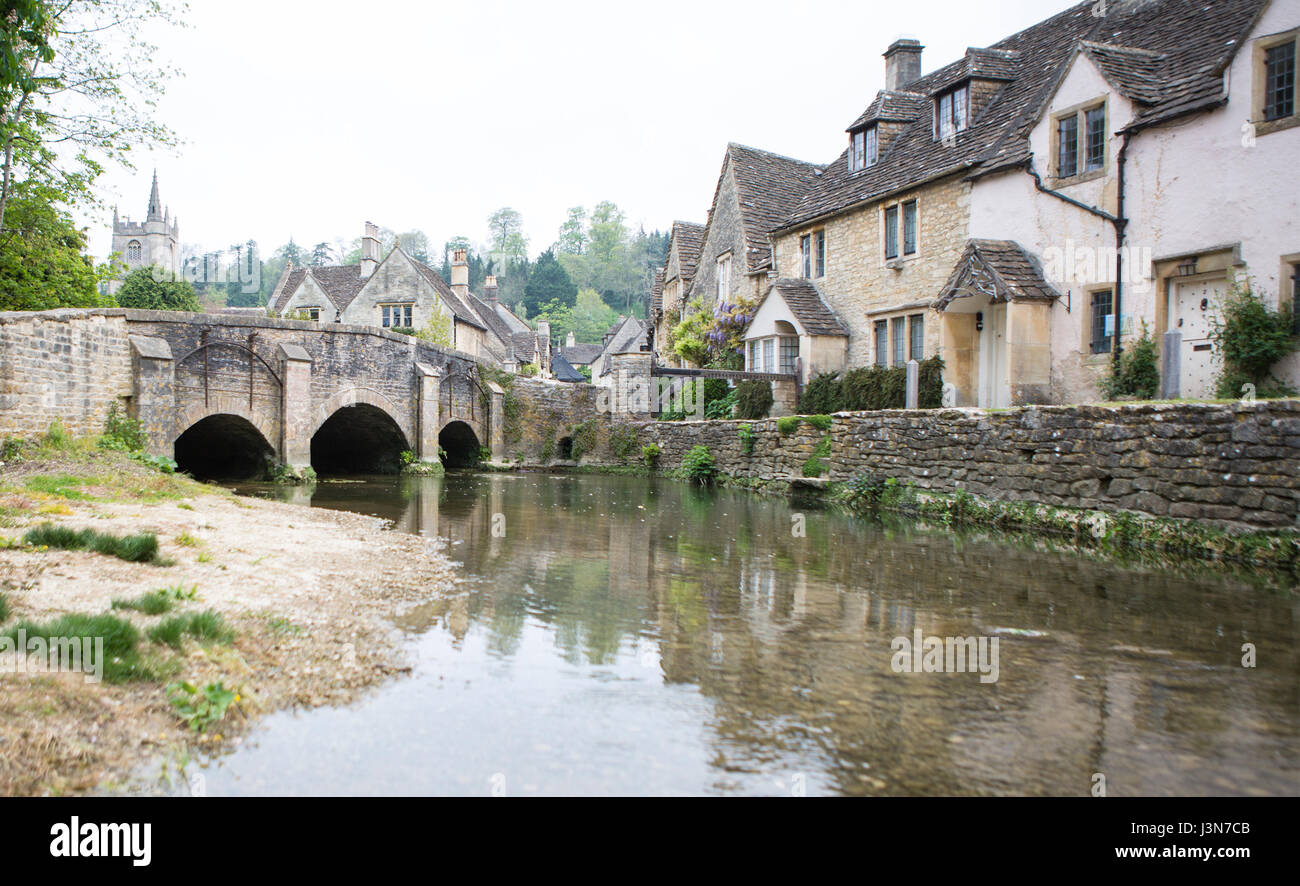 CASTLE COMBE, UK - MAY 1, 2017: River Bybrook and bridge in Castle ...