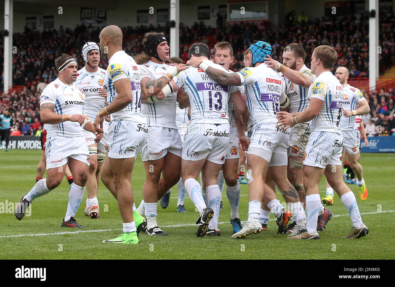 Exeter's Ian Whitten celebrates after scoring a try during the Aviva ...