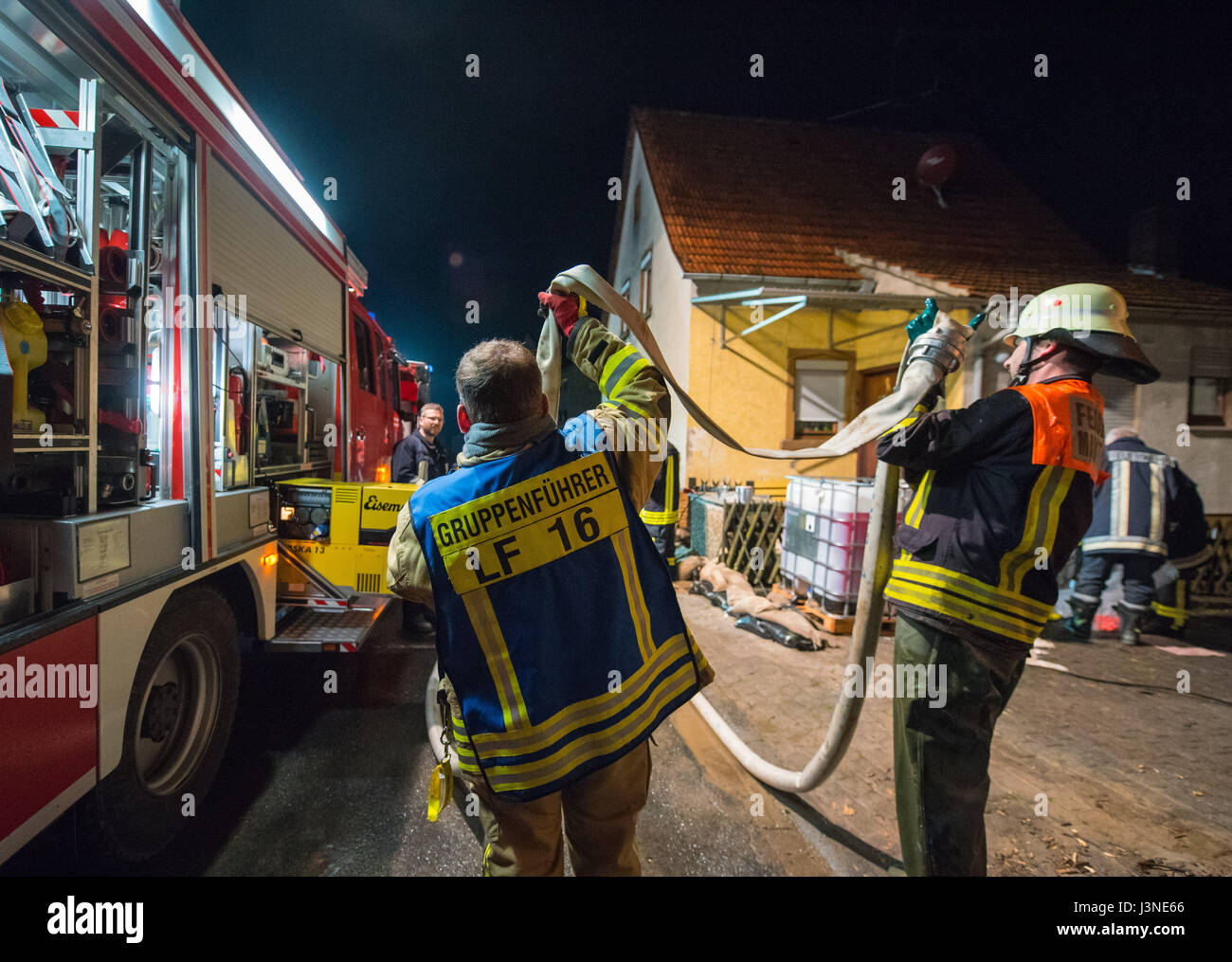 Krombach, Germany. 4th May, 2017. Members of the local fire brigade ...