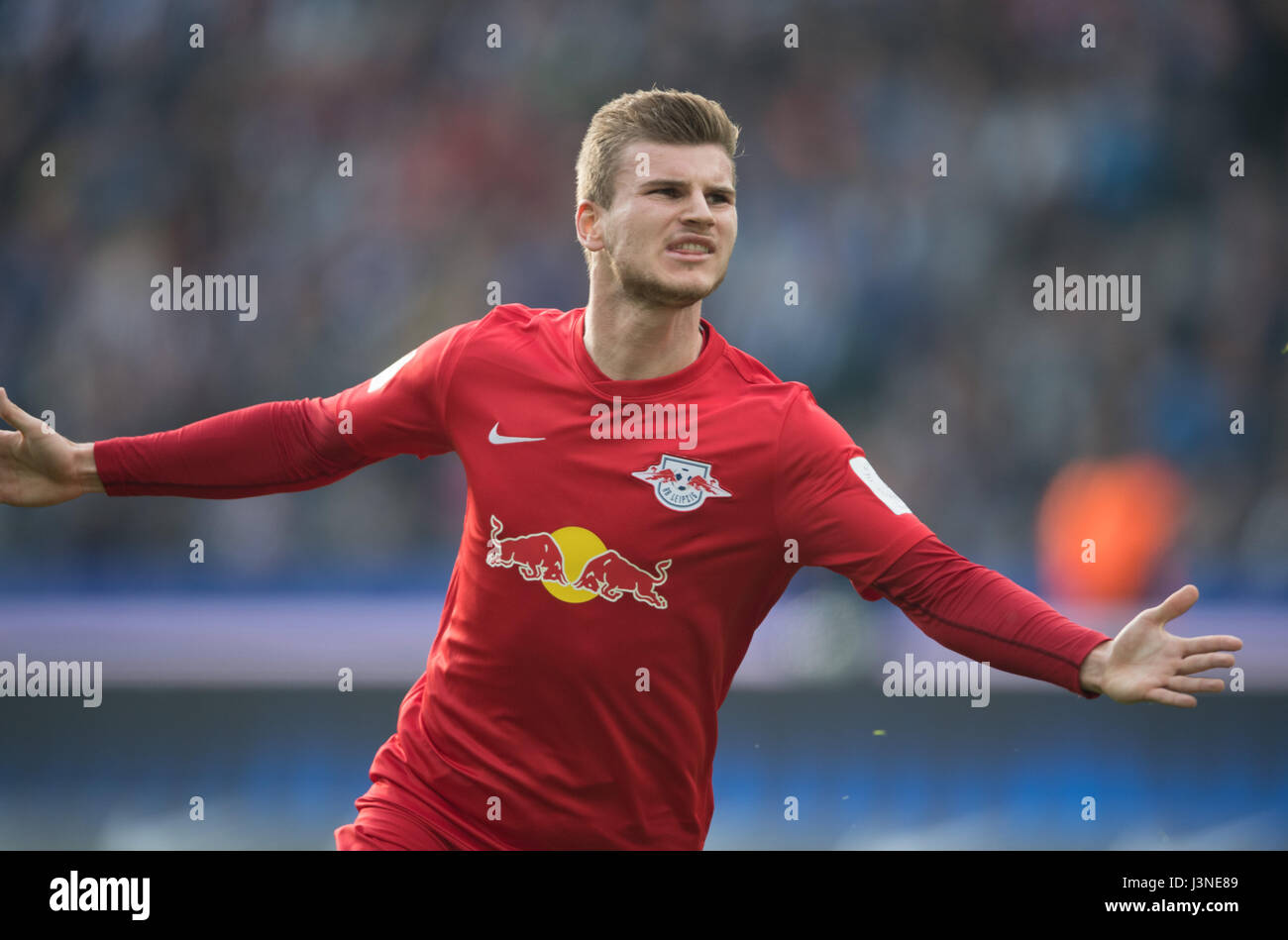 Berlin, Germany. 6th May, 2017. Leipzig's Timo Werner celebrates his 1: ...