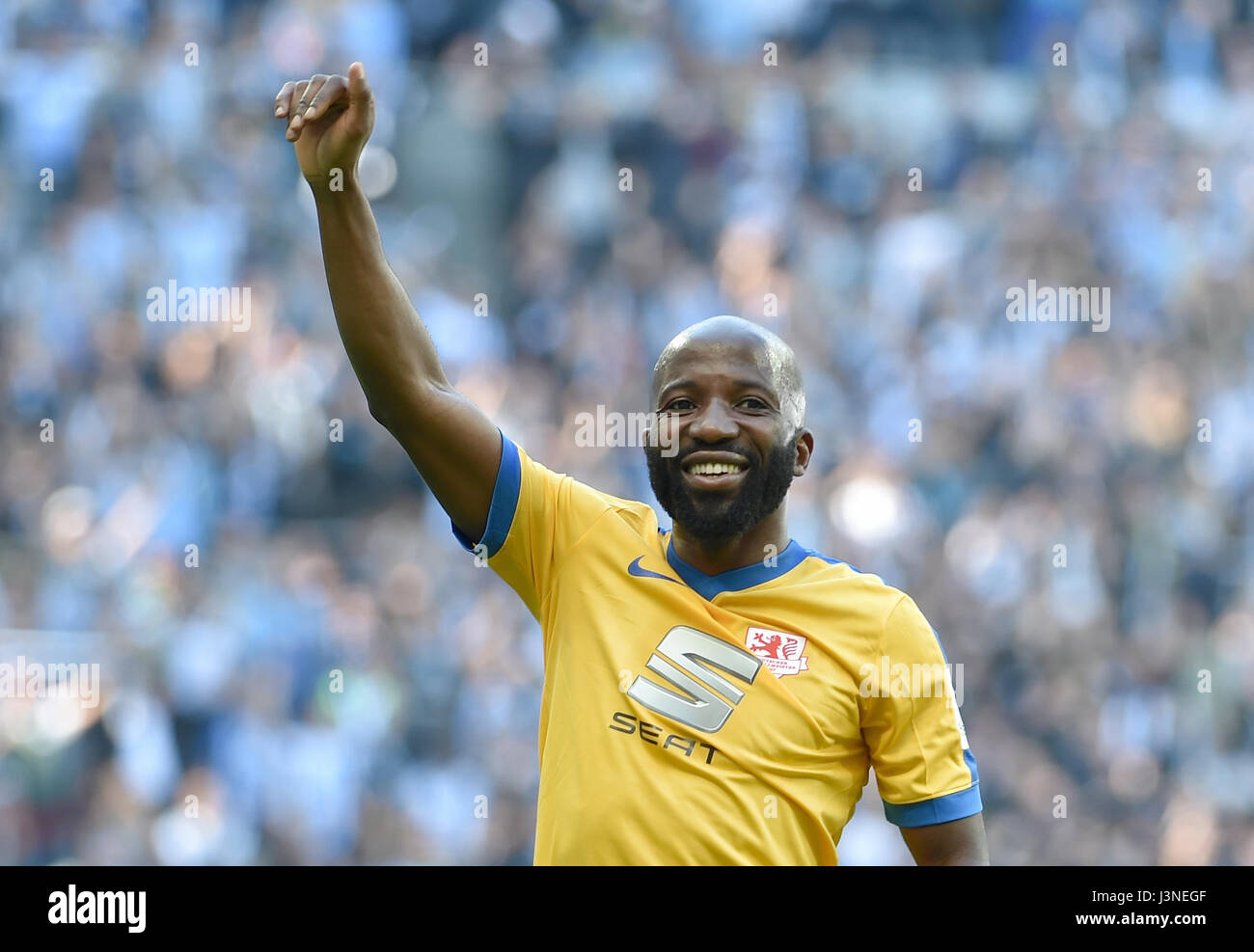 Munich, Germany. 30th Apr, 2017. Braunschweig's Domi Kumbela celebrates ...