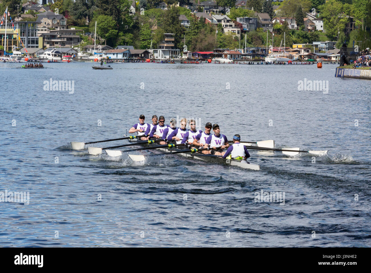 Seattle, Washington, USA. 6th May, 2017. Racing shell crosses the ...