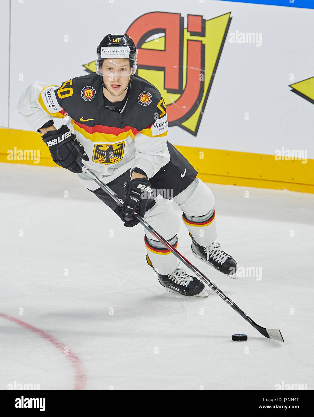 Cologne, Germany. 6th May, 2017. Patrick HAGER, DEB 50 drives the puck ...