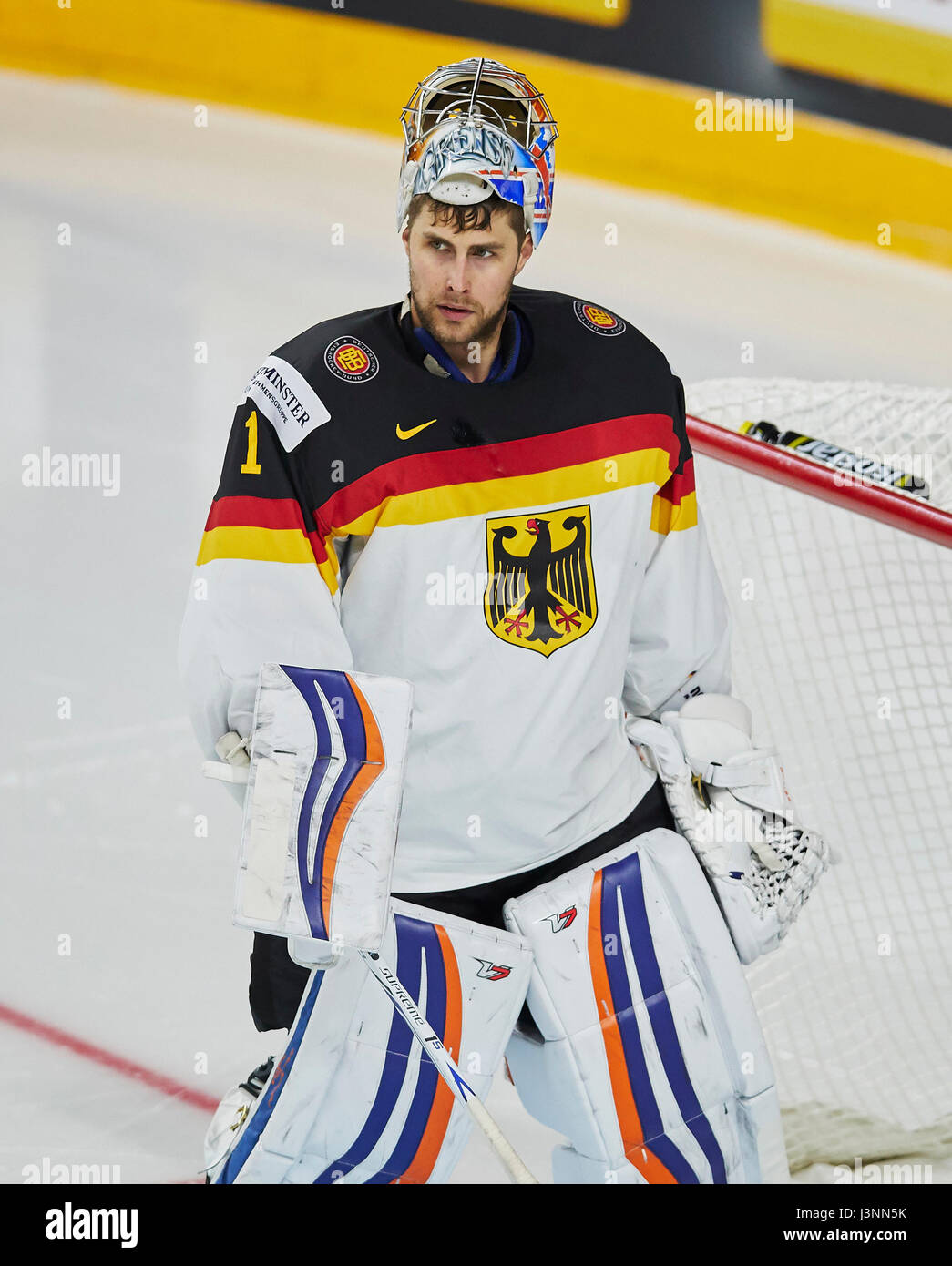 Cologne, Germany. 6th May, 2017. Thomas GREISS, DEB Torwart 1 after a ...