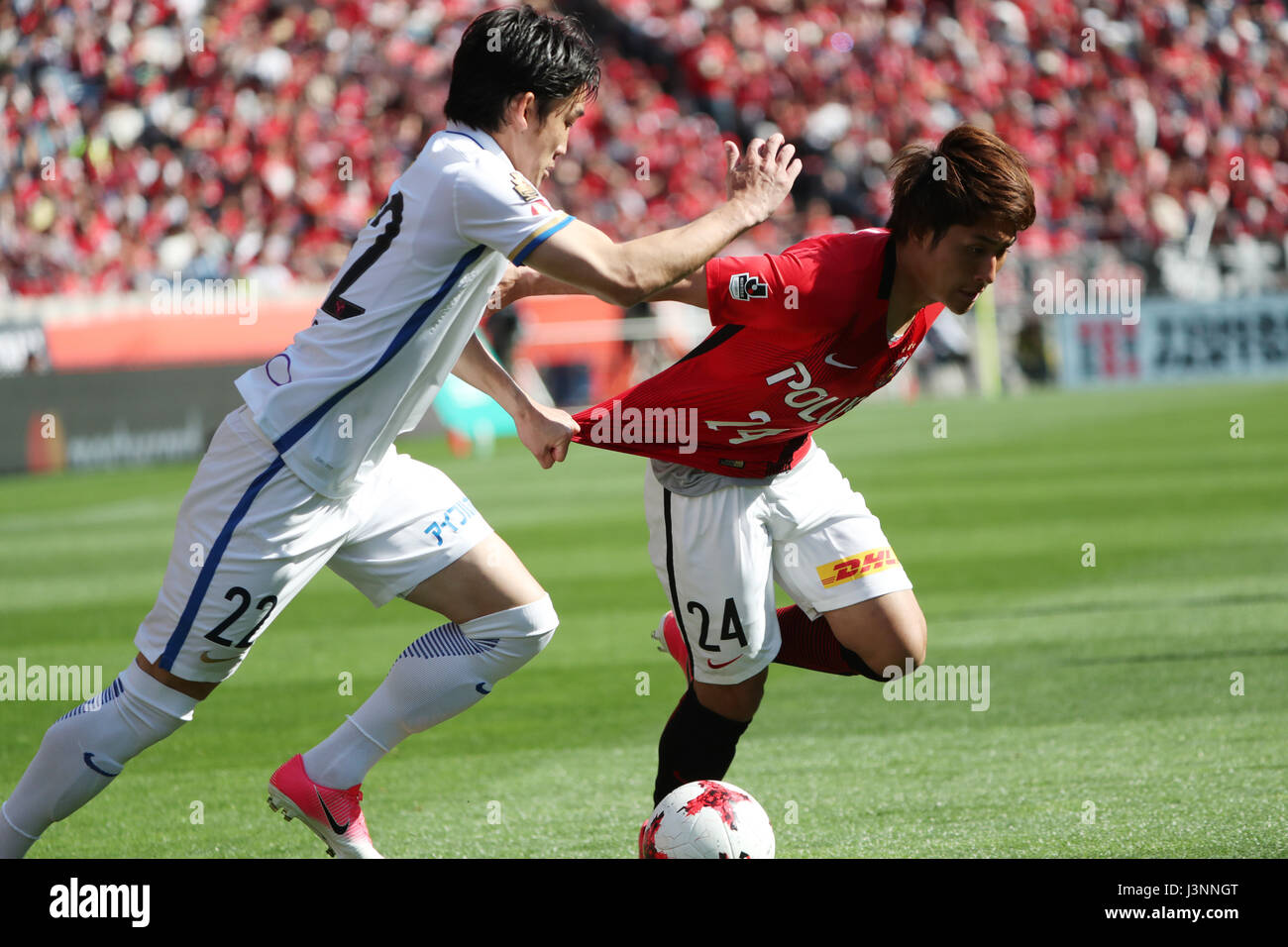 Saitama, Japan. 4th May, 2017. (L to R) Daigo Nishi (Antlers), Takahiro Sekine (Reds) Football ...