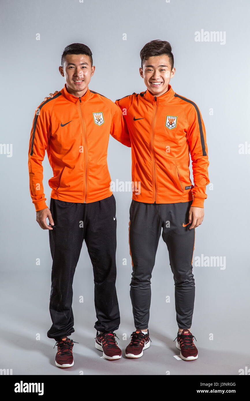 Portrait of Chinese soccer players Cheng Yuan, left, and Li Hailong of ...