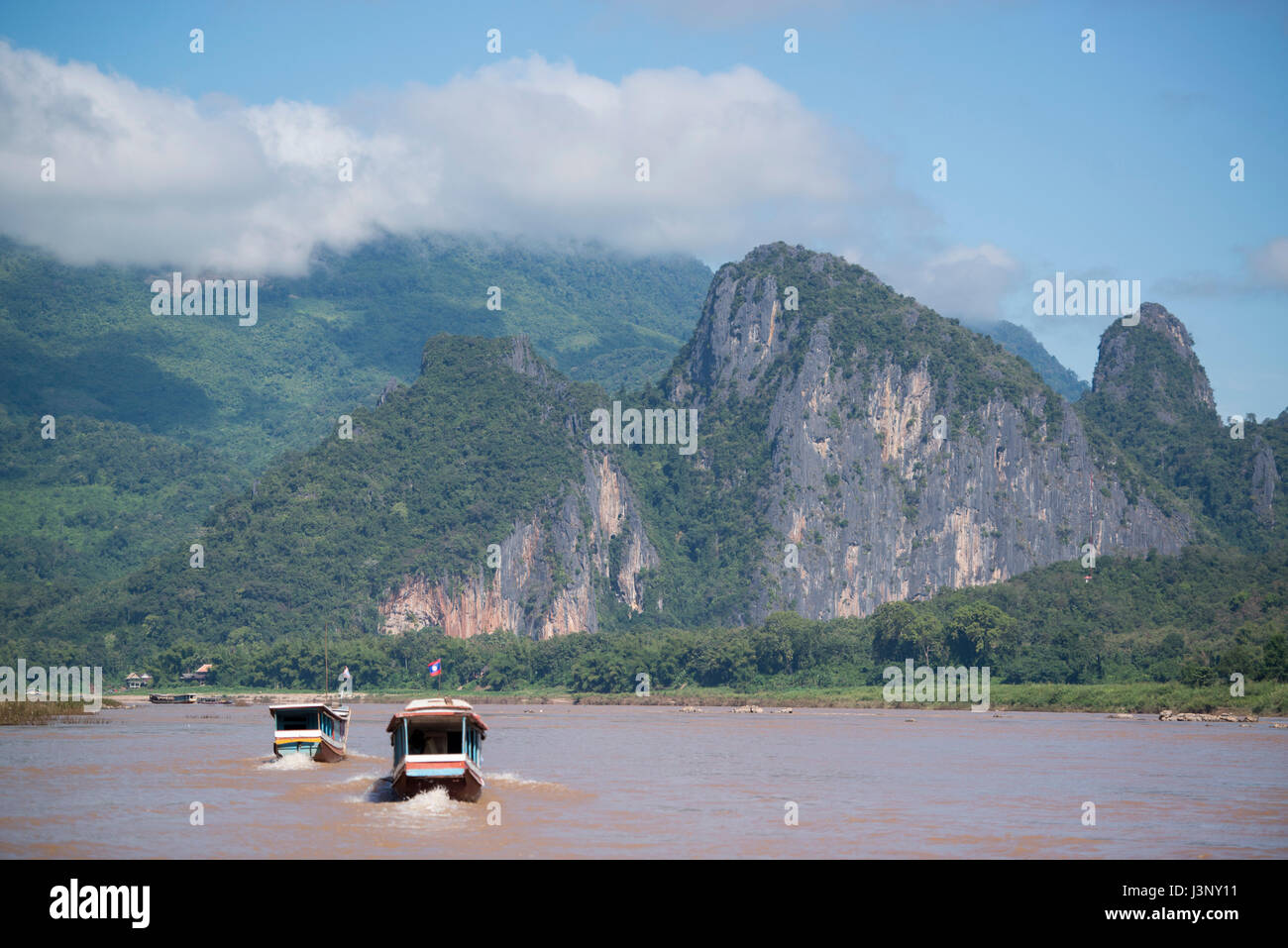 the Landscape at the Mekong River in the town of Luang Prabang in the ...