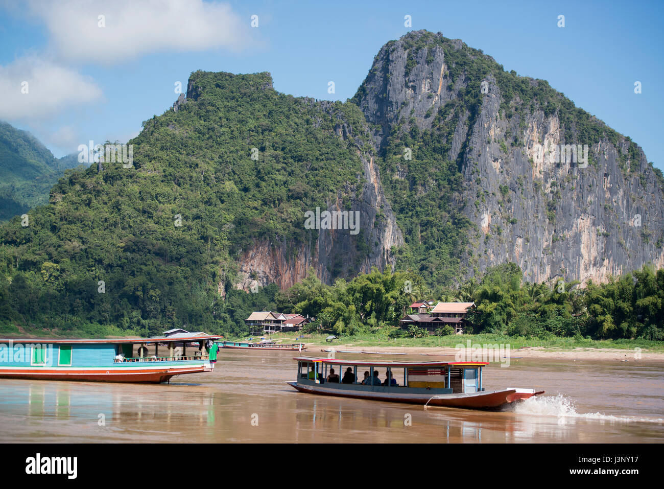 the Landscape at the Mekong River in the town of Luang Prabang in the ...