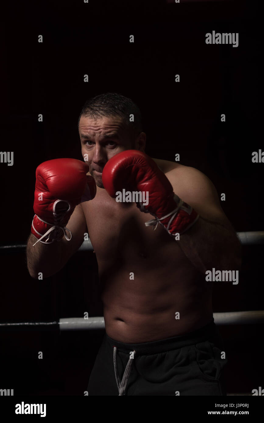 professional kickboxer with hands in martial arts position training for ...