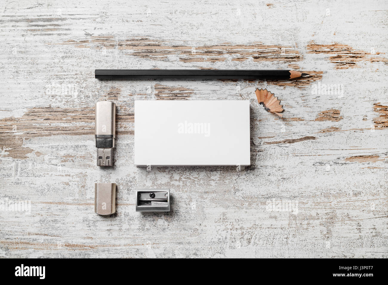 Photo of blank stationery set. Bank business cards, pencil, usb flash ...