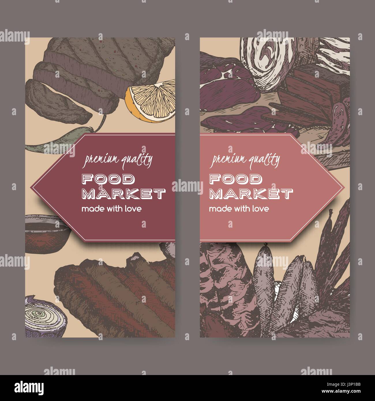 Two color food market labels with meat delicacies based on hand drawn ...