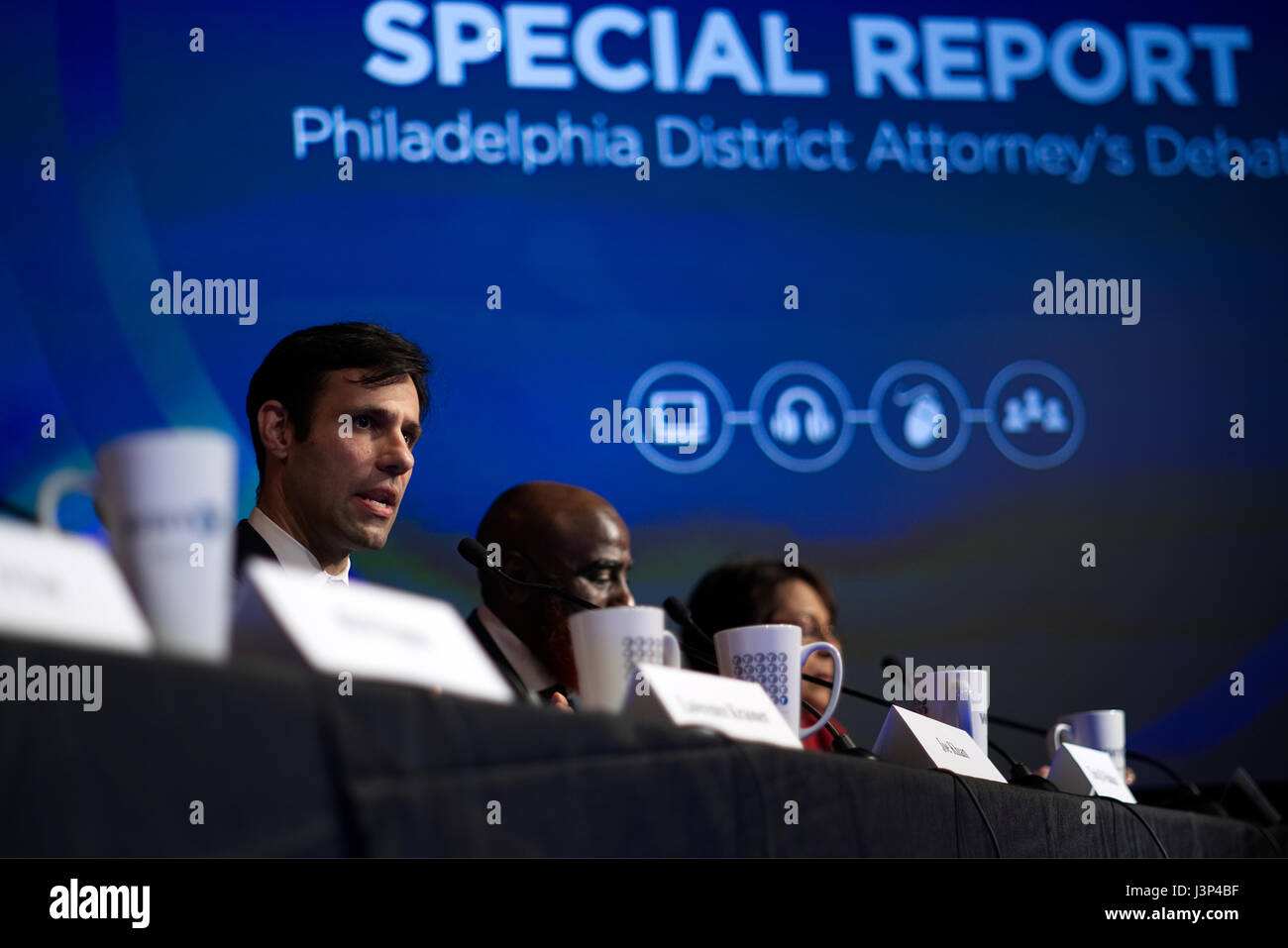 Joe Khan at the District Attorney Debate at WHYY Studios, in ...