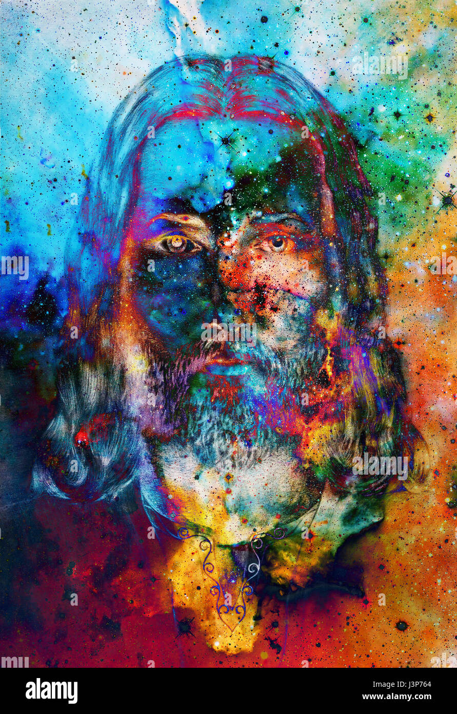 Jesus Christ painting with radiant colorful energy of light in cosmic ...