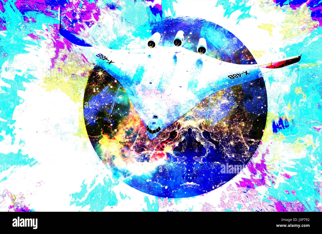 Nasa spaceship in cosmic space and Earth city night lights collage ...