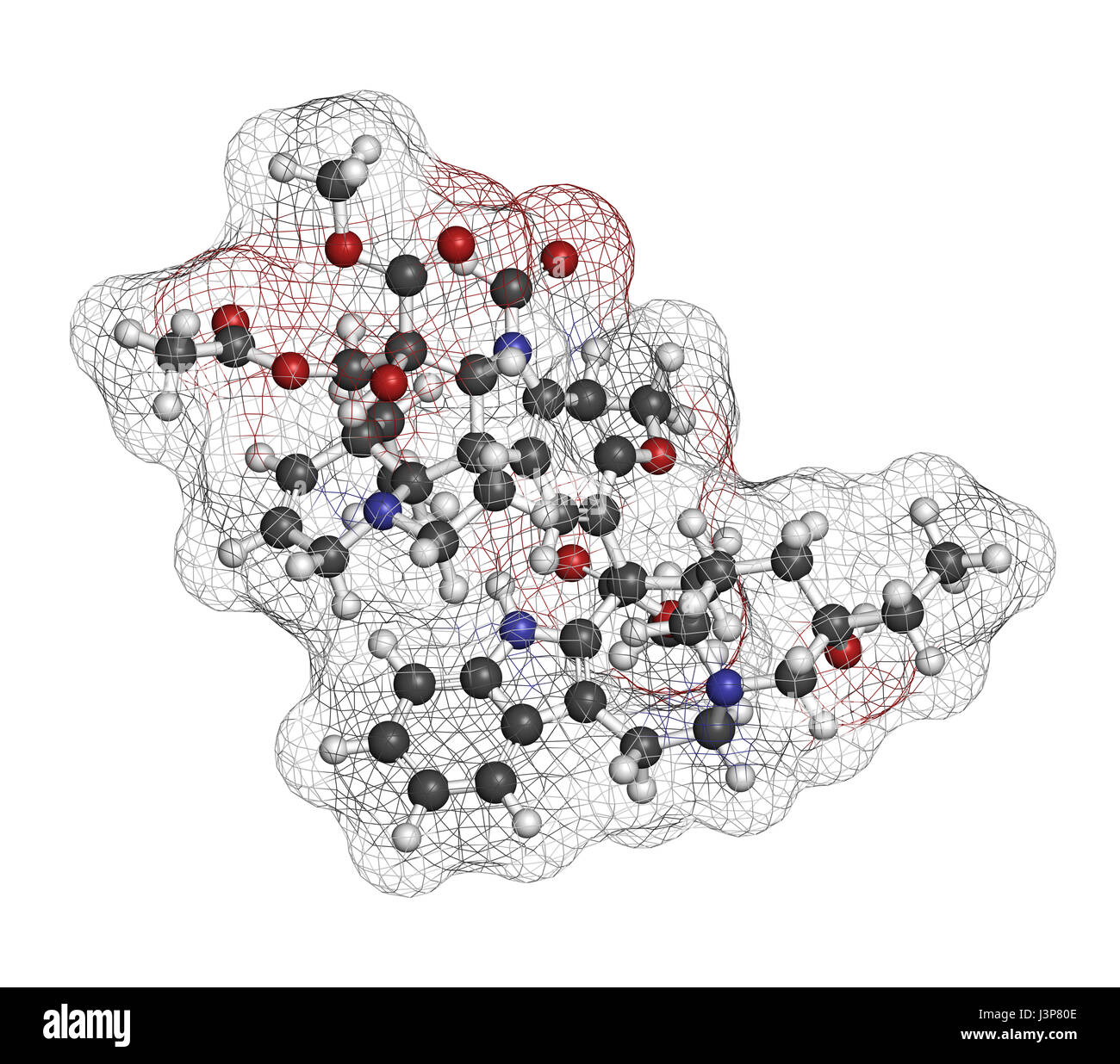 Vincrinstine cancer drug molecule (vinca alkaloid class). Atoms are ...
