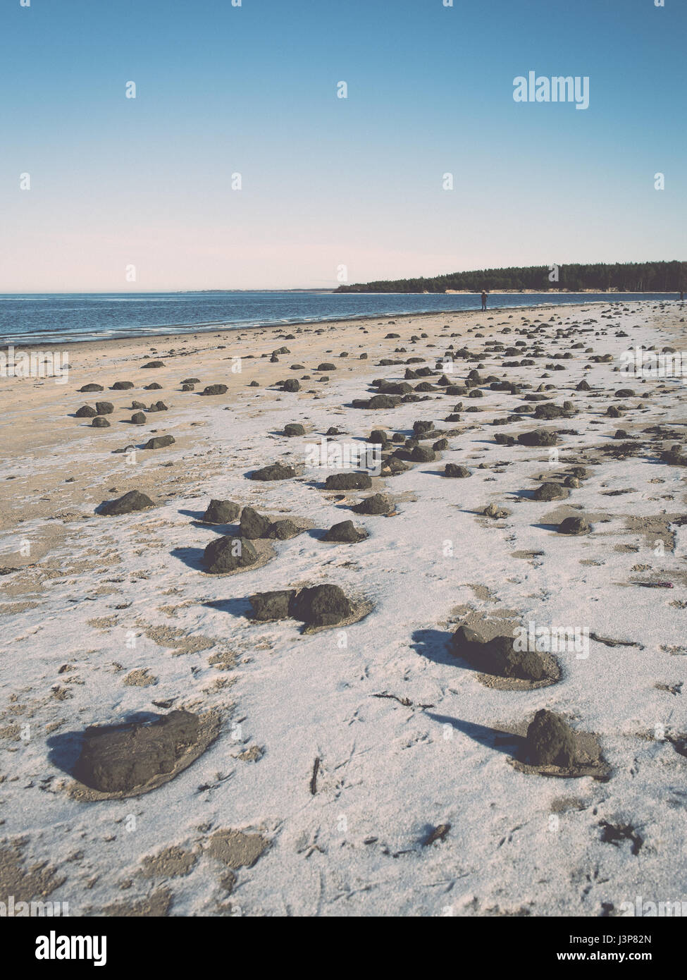 frozen sea beach with blue sky and snow covered tracks - retro vintage ...