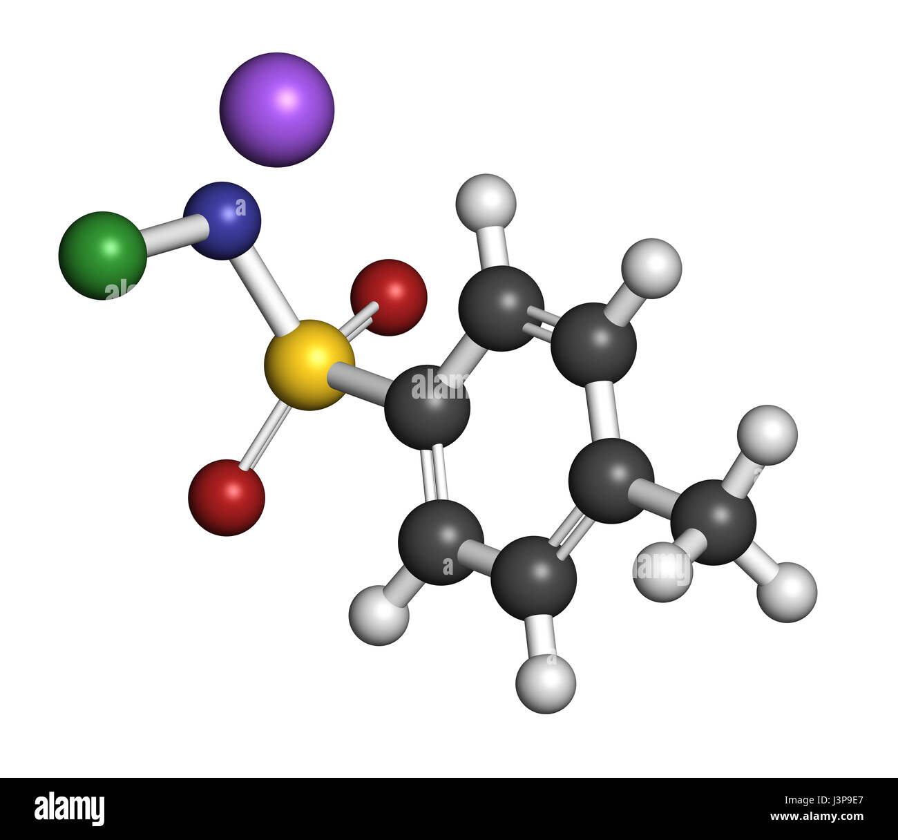 Chloramine-T (tosylchloramide) disinfectant molecule. Atoms are ...