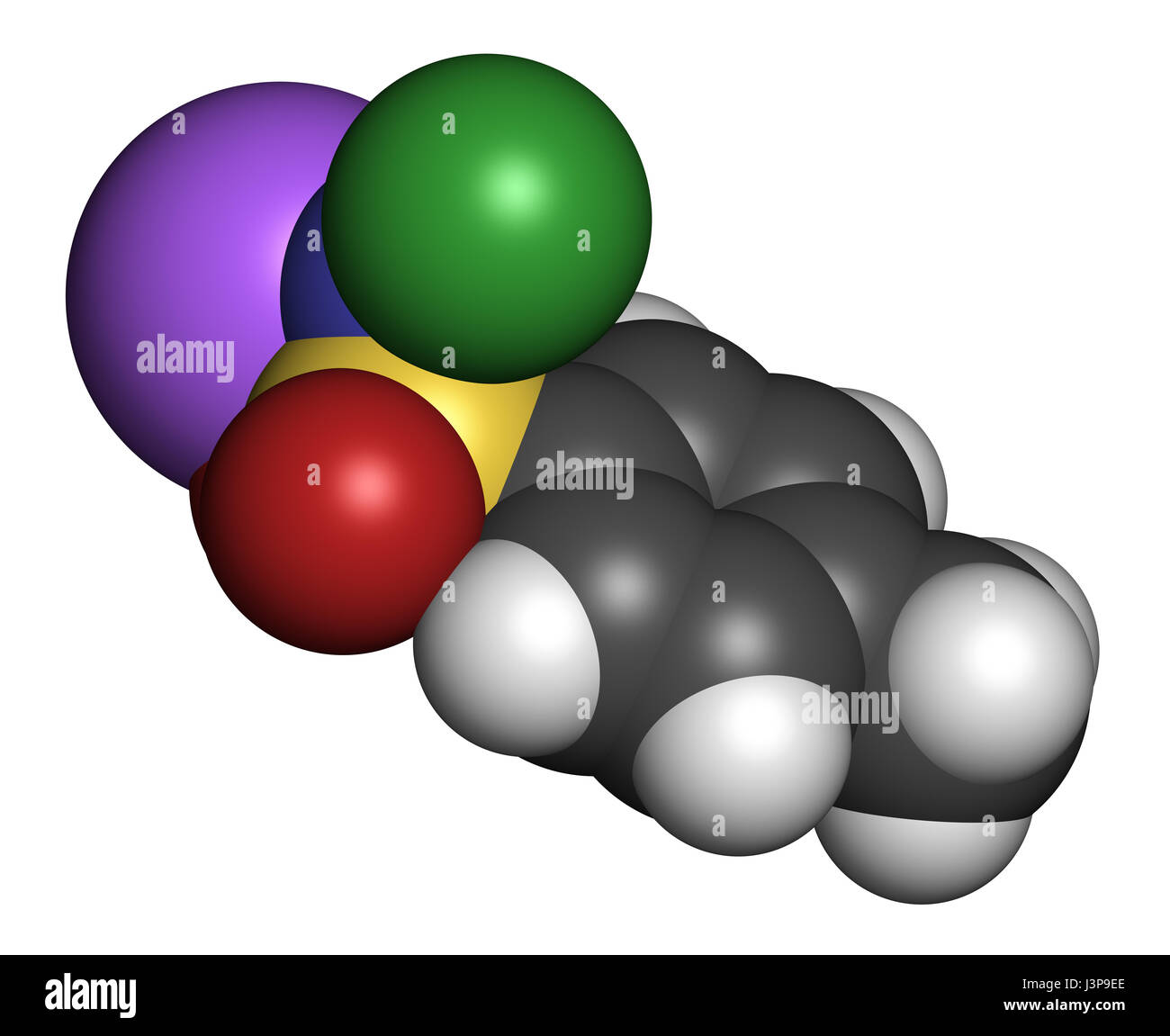 Chloramine-T (tosylchloramide) disinfectant molecule. Atoms are ...