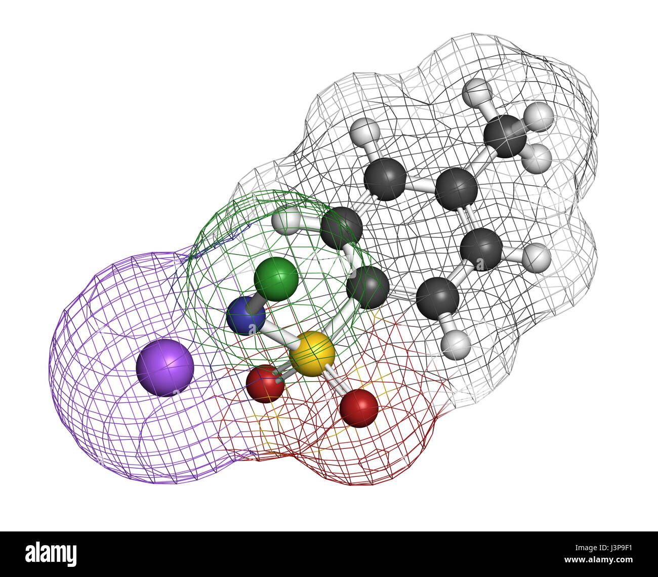 Chloramine-T (tosylchloramide) disinfectant molecule. Atoms are ...